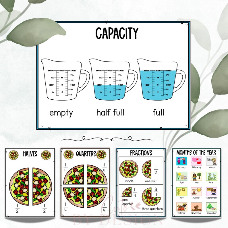 Math Posters Set: 2D 3D Shapes, Colors, Height & Length, Time, Capacity ...