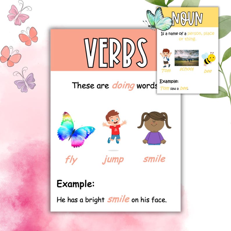 Vibrant Verb, Noun, and Adjective Posters Including Types of Nouns - Etsy