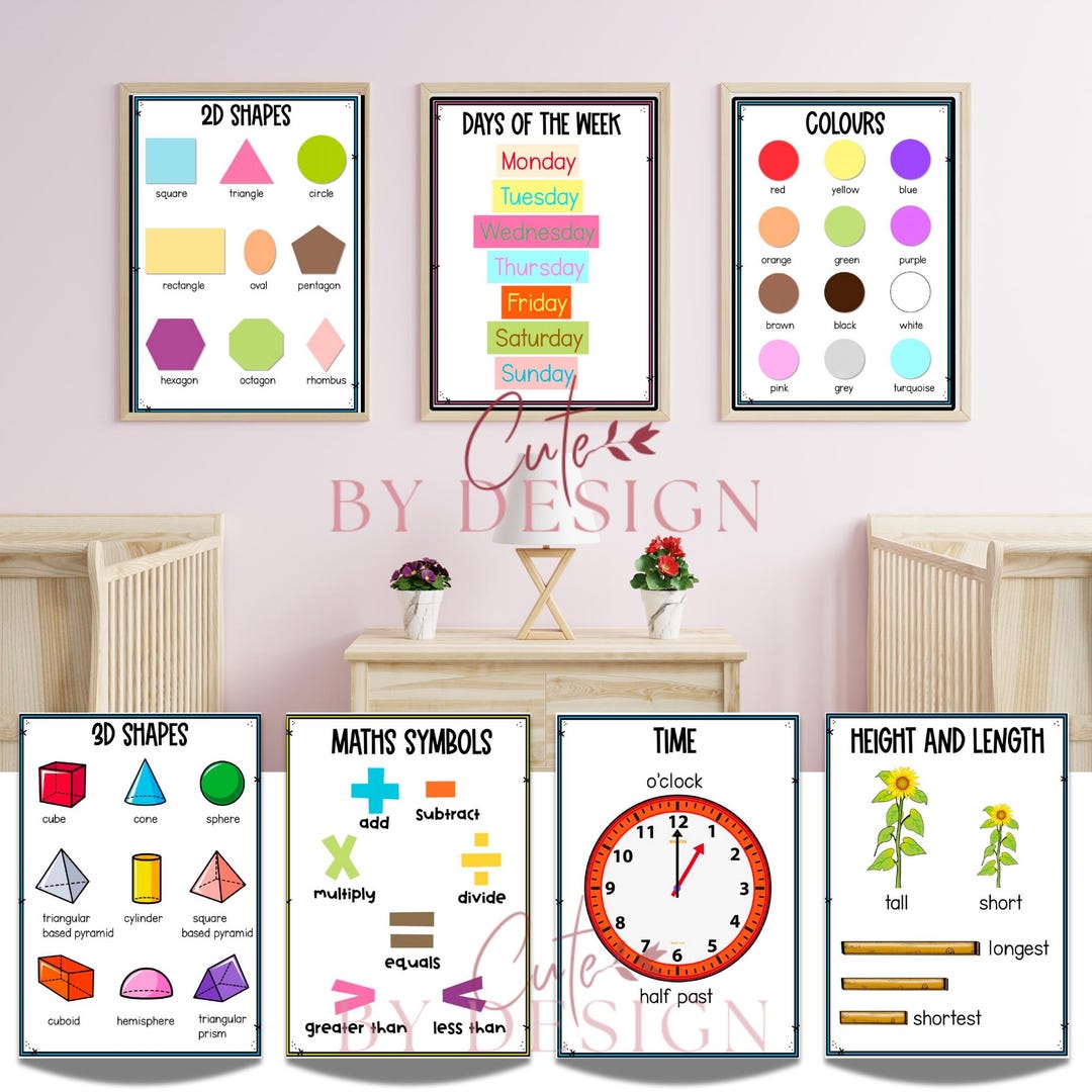 Math Posters Set: 2D 3D Shapes, Colors, Height & Length, Time, Capacity ...