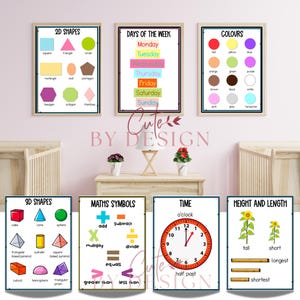 Math Posters Set: 2D 3D Shapes, Colors, Height & Length, Time, Capacity ...