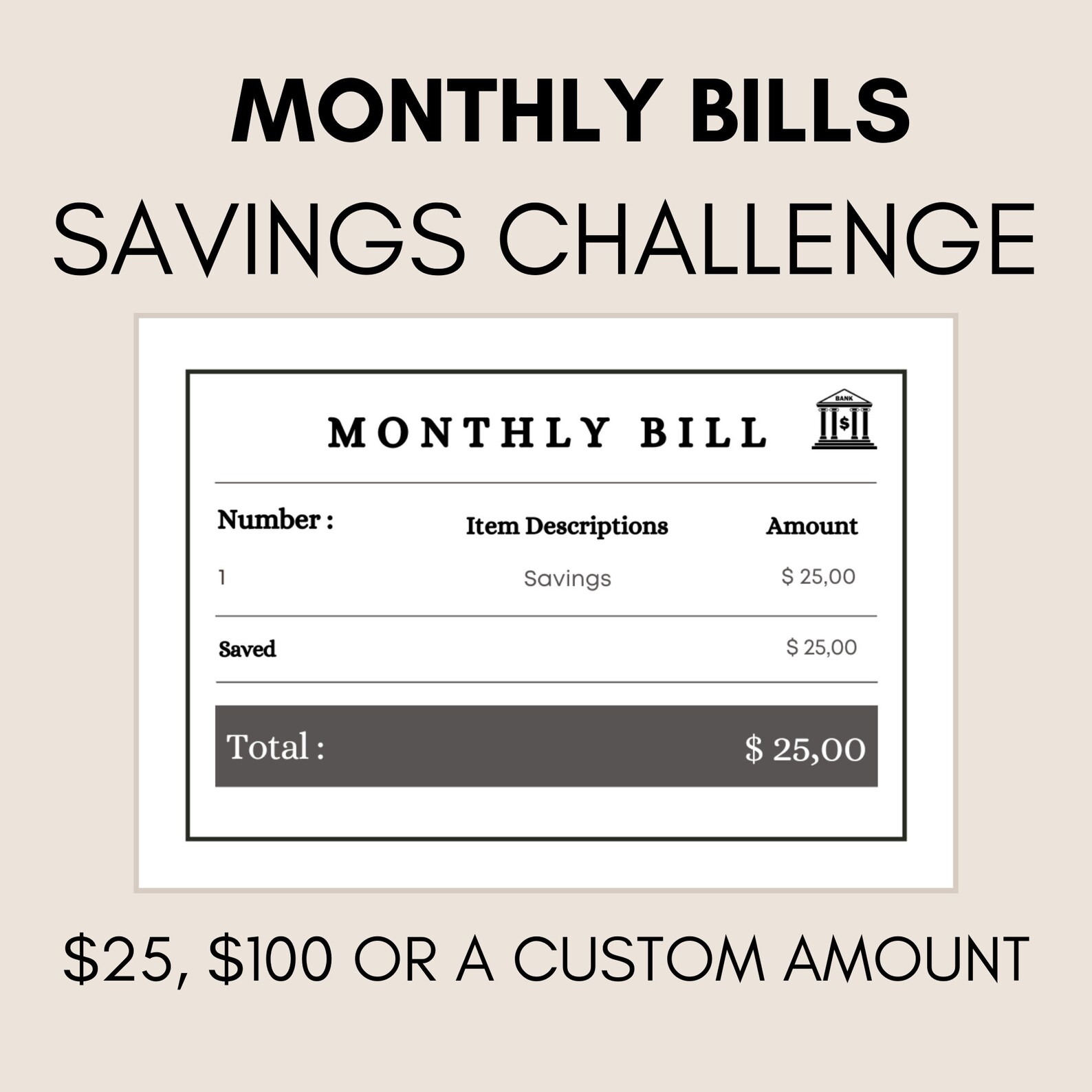 Savings Challenge Tracker, Custom Savings Challenge, Monthly Bills ...