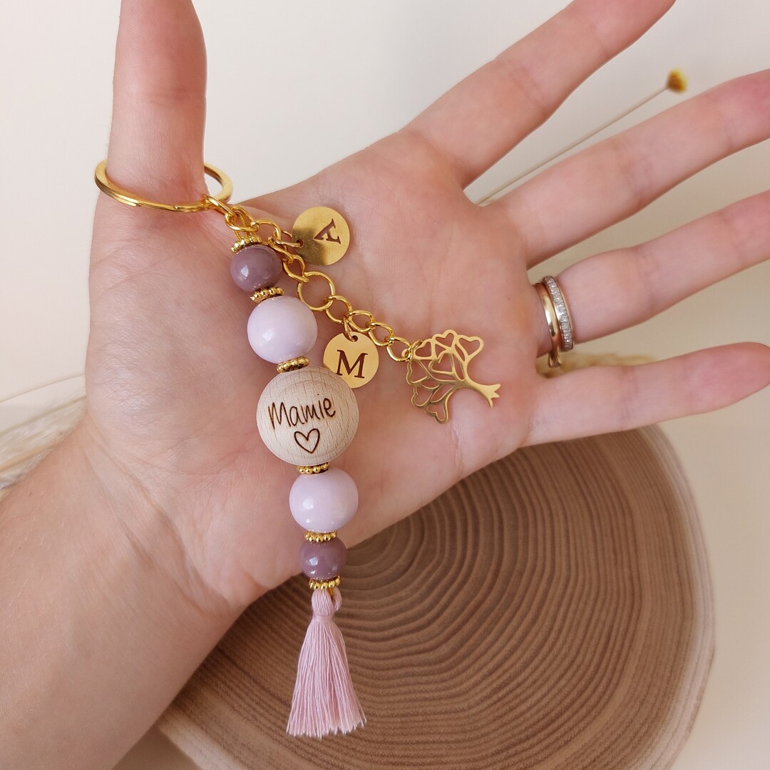 Personalized Grandma Mom Key Ring With Wooden Beads, Pompom and Small ...