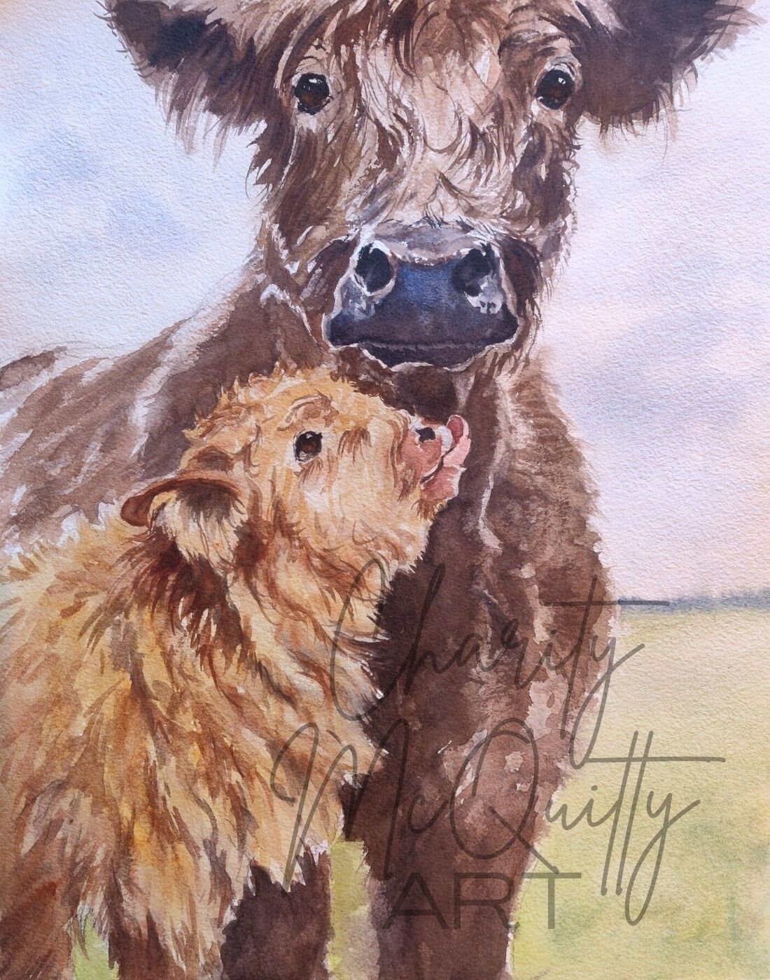 Cow and Baby Calf Painting, Original Hand-painted Watercolor - Etsy