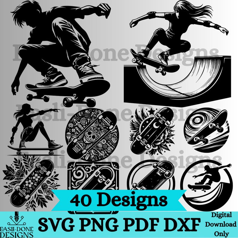 Skateboard SVG Bundle: Skater Silhouette Clipart, Laser Cut Files ...
