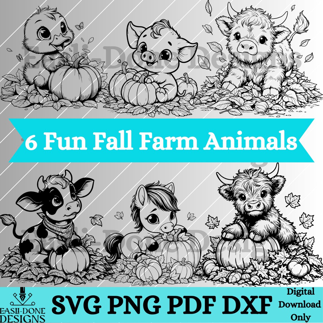 Fun Fall Farm Animals Outline Digital File Bundle SVG PNG Pdf Dxf Files ...