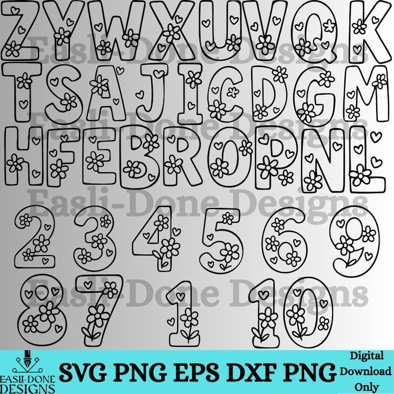 Floral Doodle Font SVG Bundle: Outline Alphabet Clipart (digital ...
