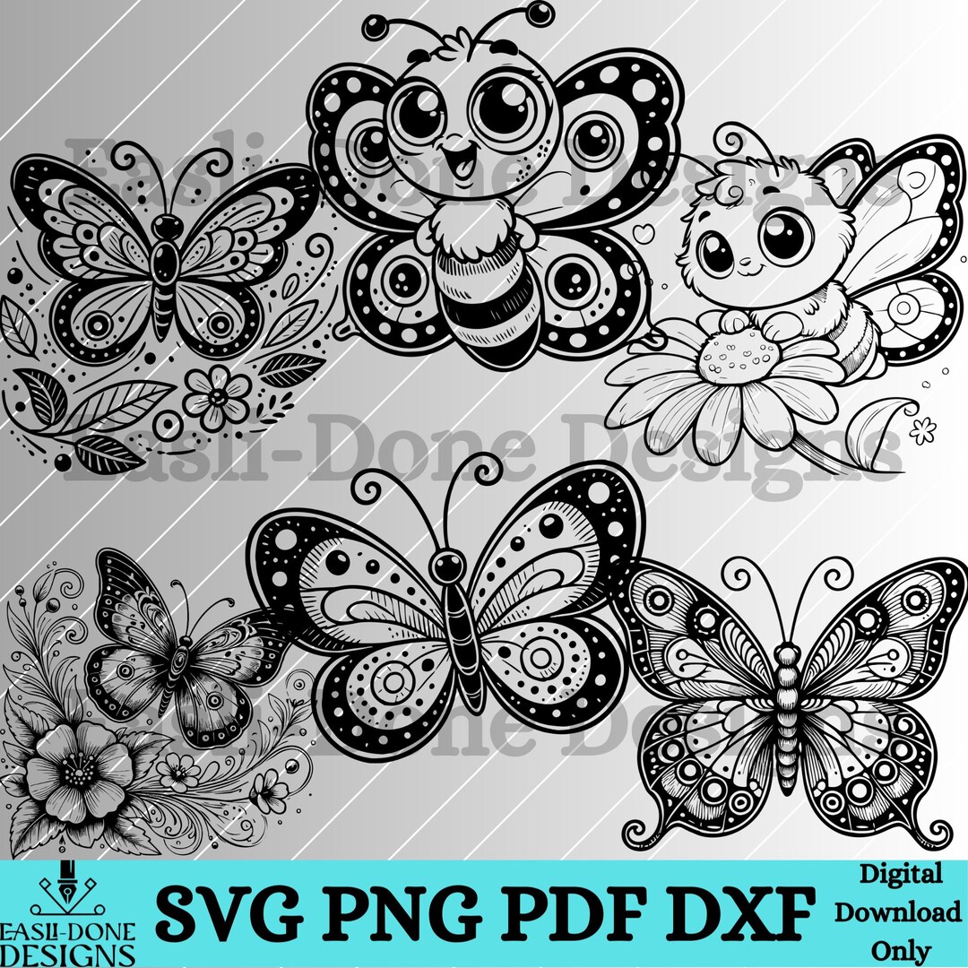 Butterfly Outline Bundle SVG PNG Pdf and Dxf Files Laser and Cut ...