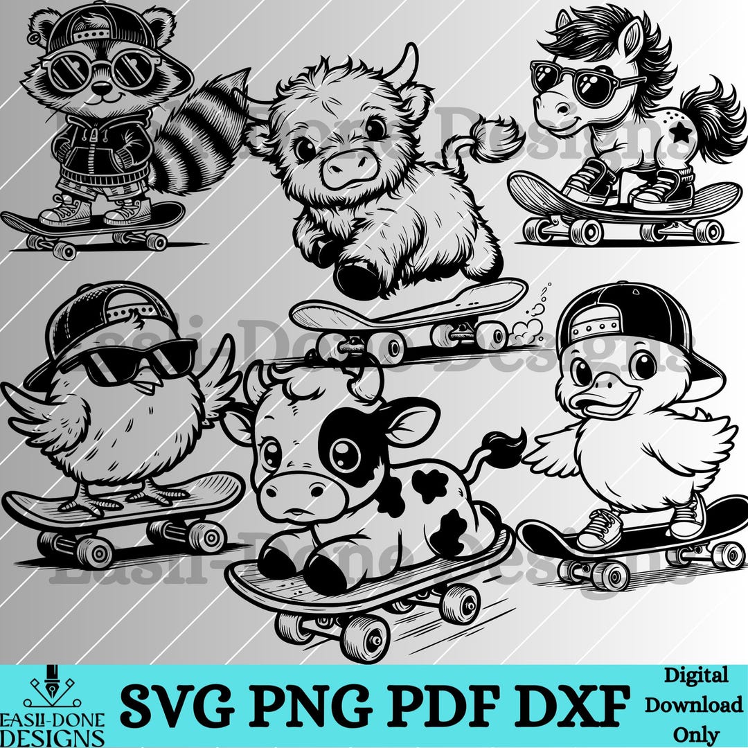 Skateboard Farm Animals SVG PNG Pdf and Dxf Files Instant Download ...
