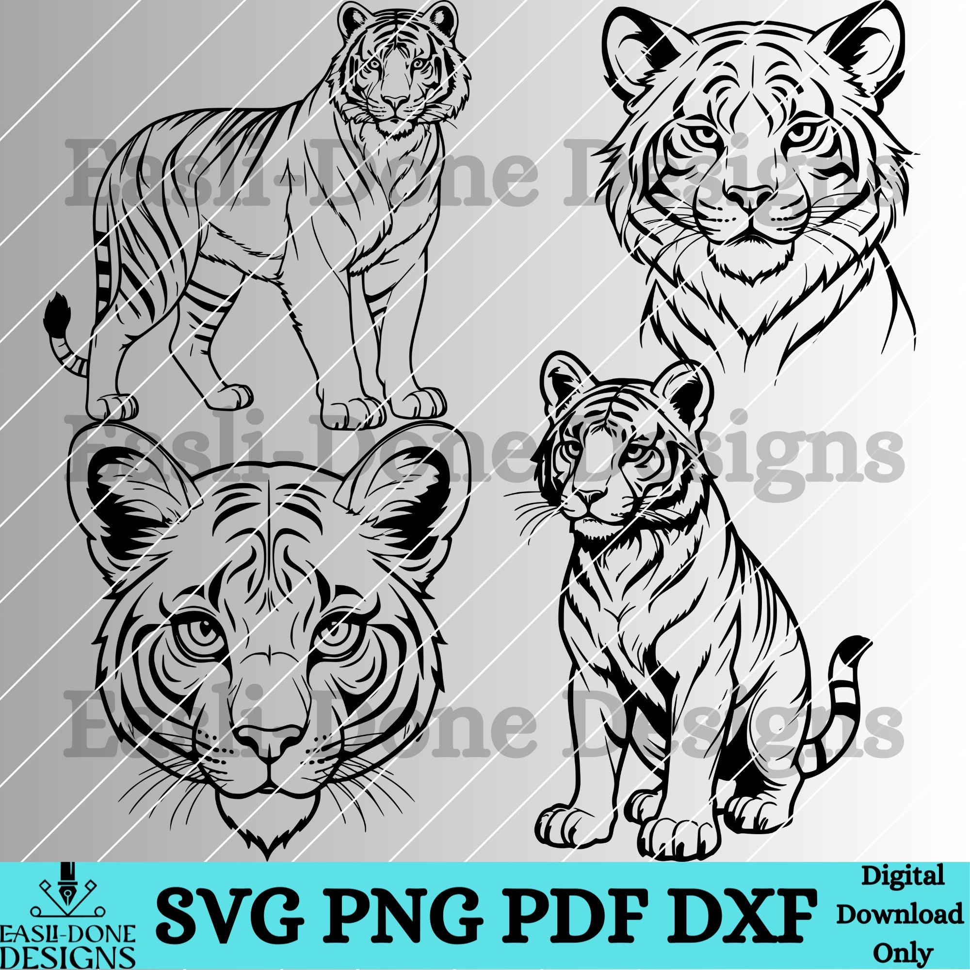 Tiger Outline Bundle 8 Svg Png Pdf and Dxf Files Instant Download, Cute ...