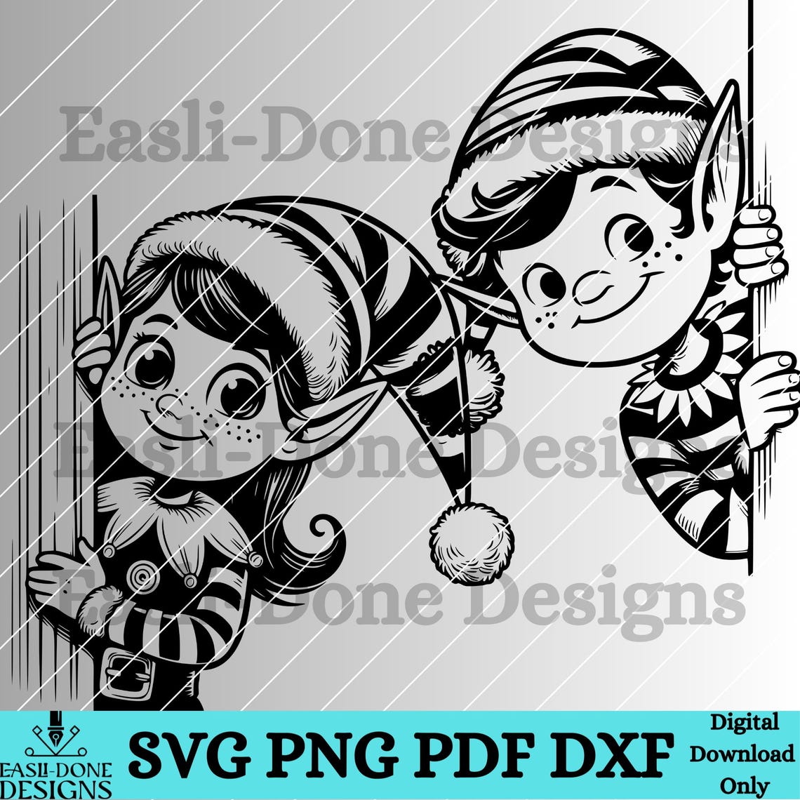 Elf Christmas Outline Bundle SVG PNG Pdf and Dxf Files Laser and Cut ...