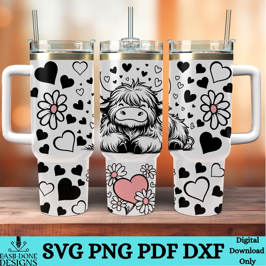 Highland Cow Daisy Hearts 40 Oz Tumbler Cup Wrap SVG Cut Files PNG ...