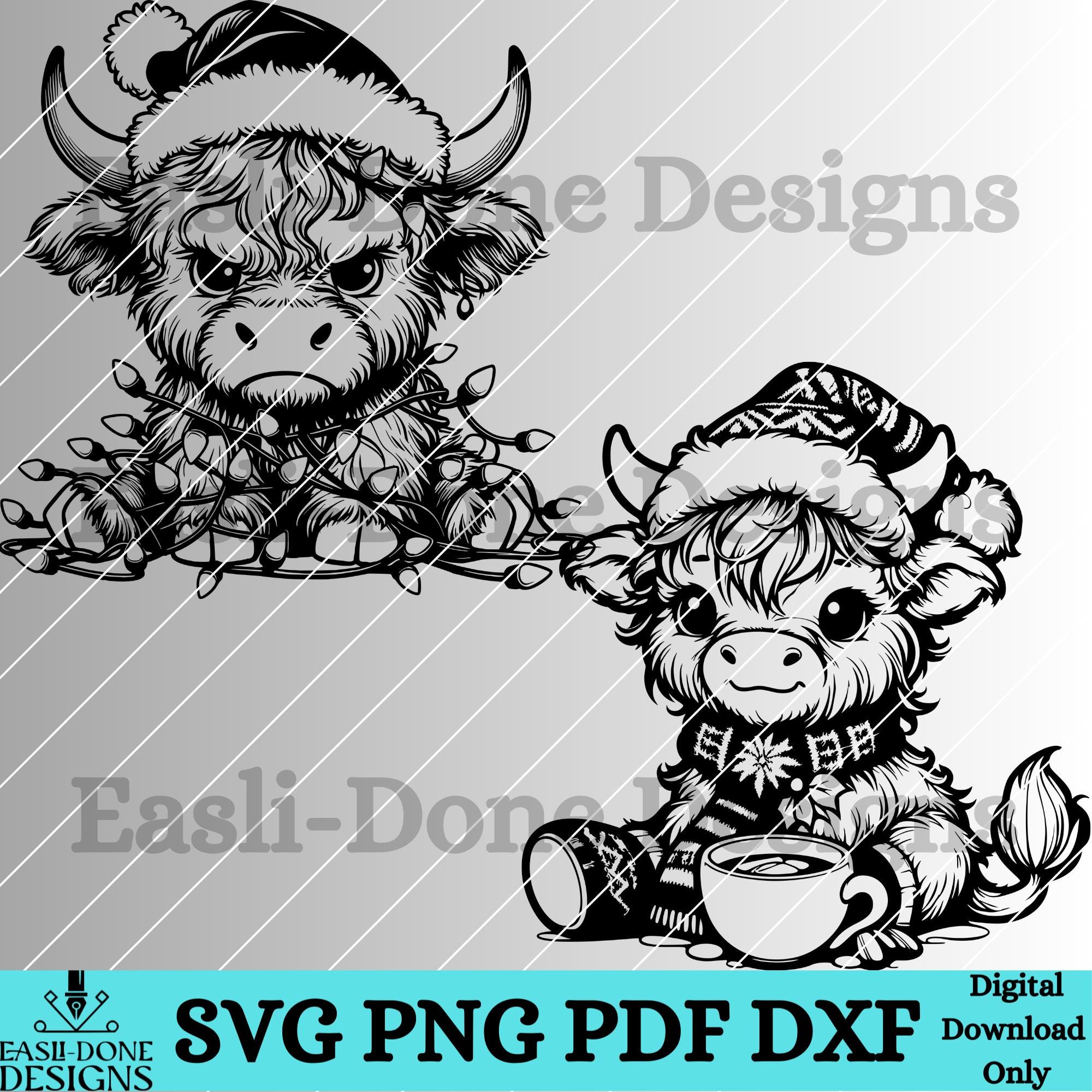 Highland Cow Christmas Outline Bundle SVG PNG Pdf and Dxf Files Laser ...