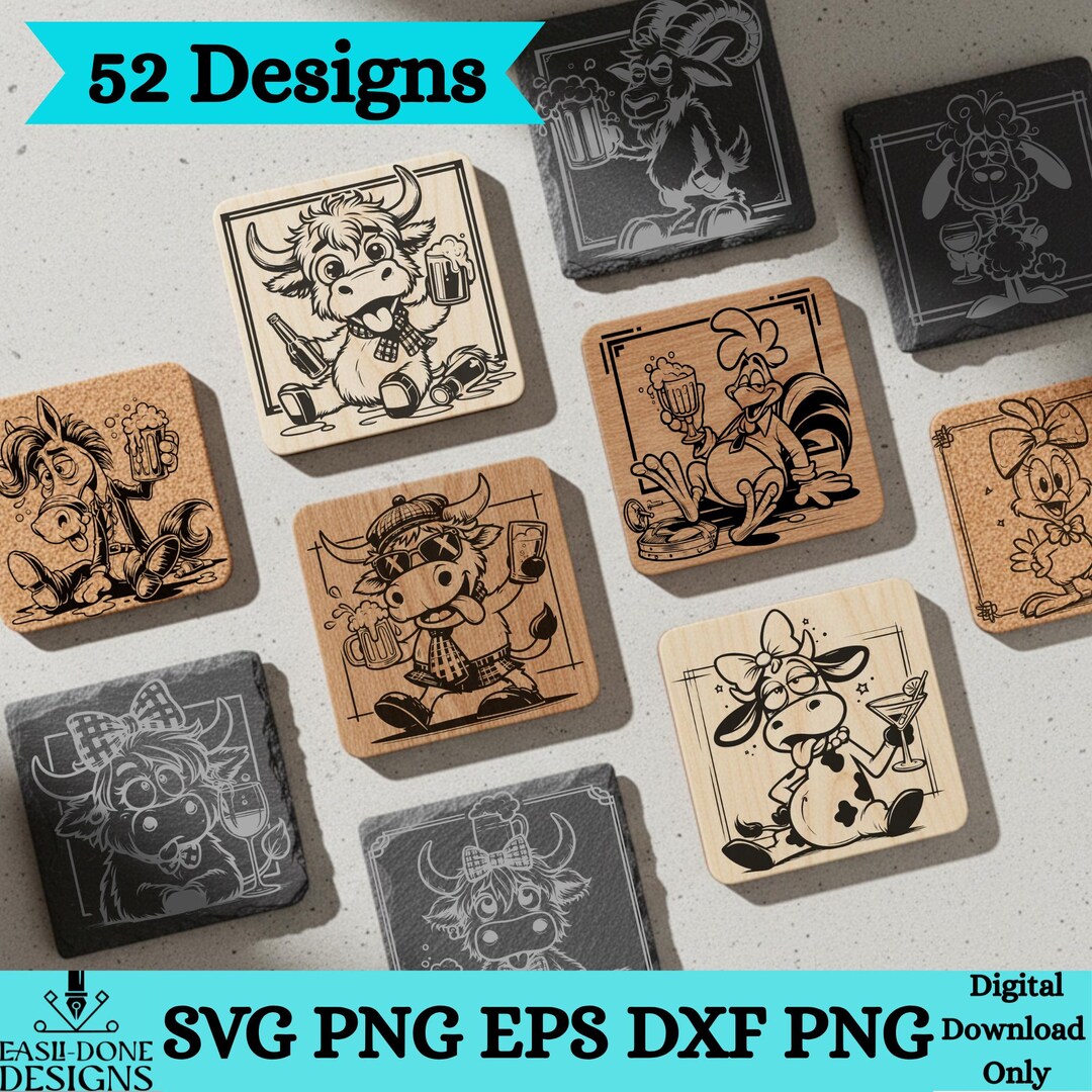 Tipsy Farm Animal Coaster SVG Bundle: Square Barnyard Bar Sign (digital ...