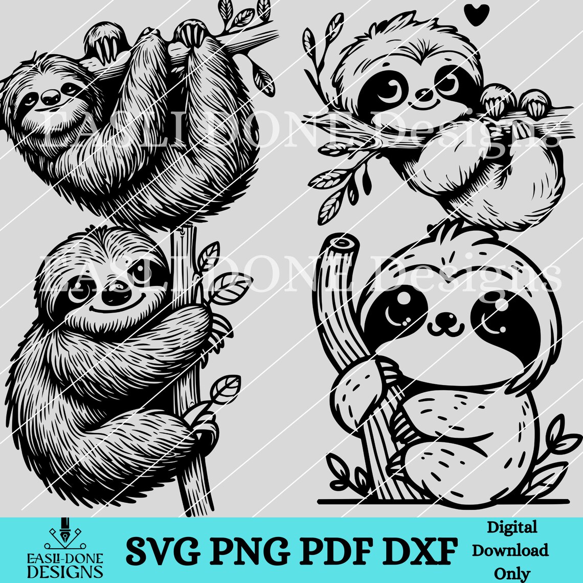 Sloth Outline Bundle 8 Svg Png Pdf and Dxf Files Instant Download, Cute ...