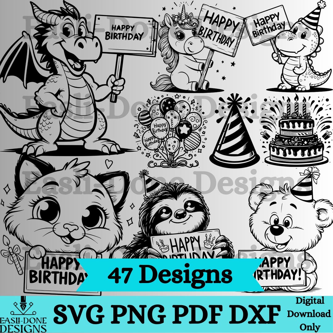 Birthday Animal Svg Bundle, Kawaii Happy Birthday Animal Clipart ...