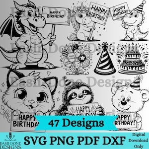 Birthday Animal Svg Bundle, Kawaii Happy Birthday Animal Clipart ...