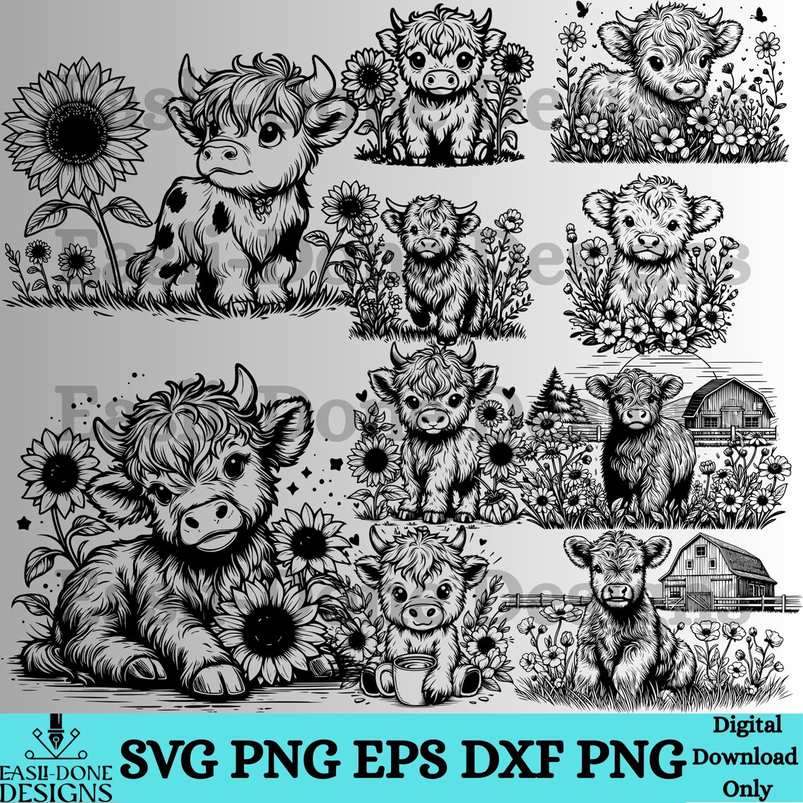 Highland Cow Cutting Board SVG Bundle: Floral Farm Animal Charcuterie ...