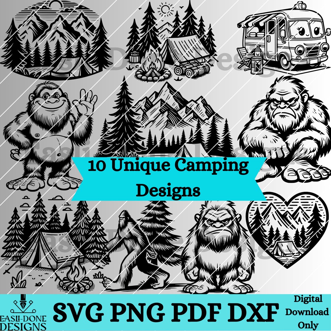 Bigfoot Camping SVG Bundle: Sasquatch Clipart, Mountain & Pine Tree ...