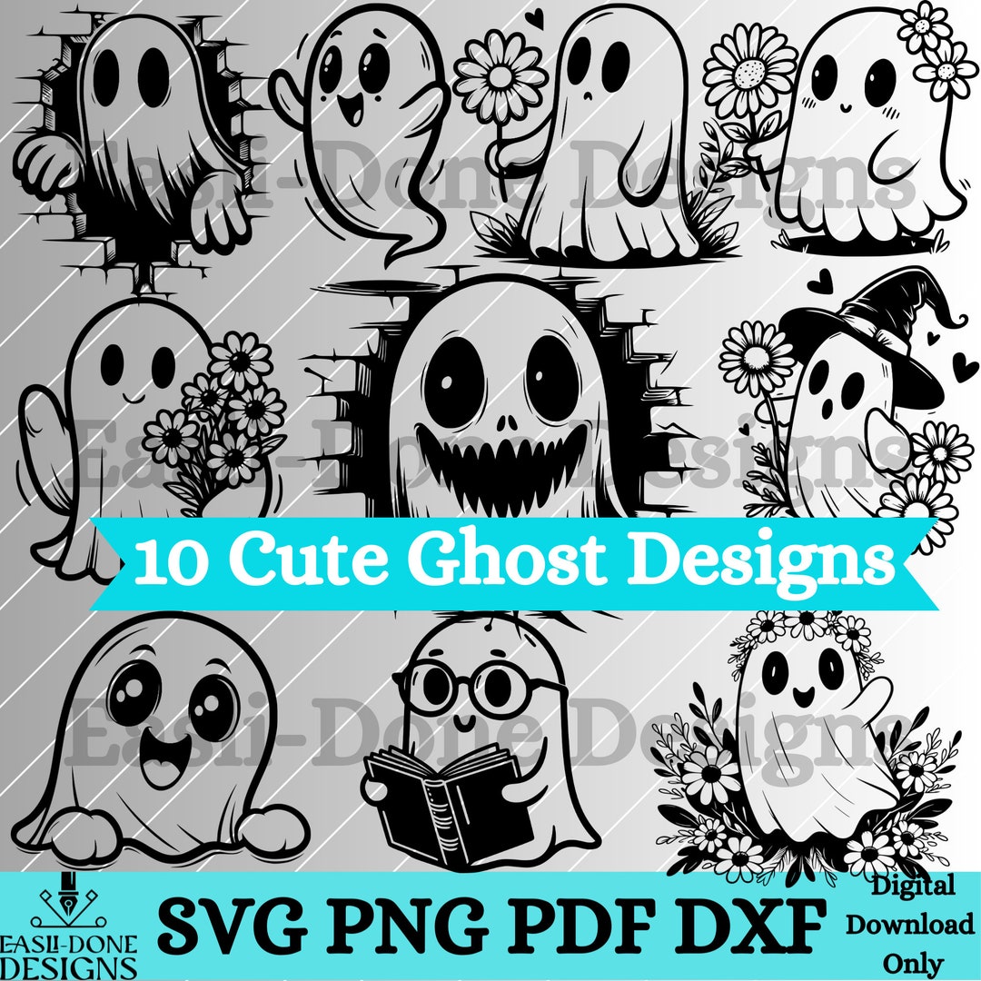 Cute Ghost Outline Bundle SVG PNG Pdf and Dxf File Laser and Cut ...
