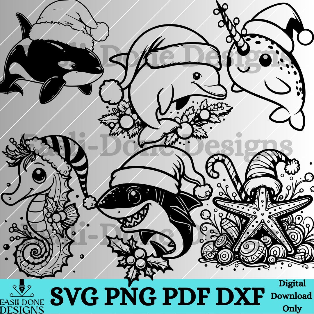 Christmas Sea Life Outline SVG Bundle: Narwhal, Shark, Dolphin (digital ...