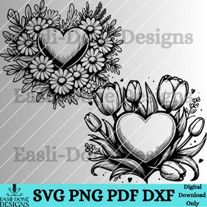 Floral Heart Svg, Flower Outline Svg Daisy Heart Svg Png Tulip Hearts ...