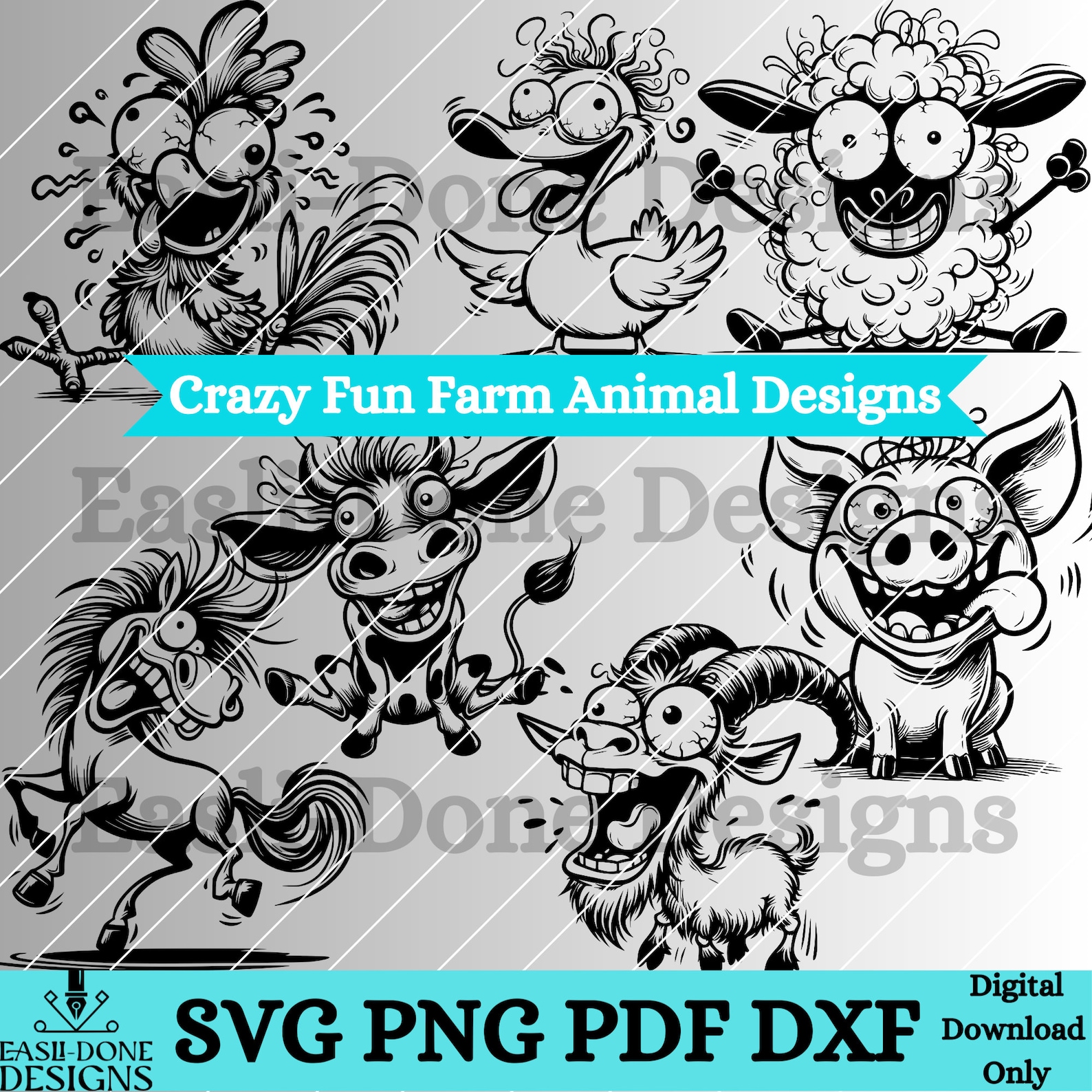 Crazy Fun Farm Animal Outline Bundle Svg Png Pdf and Dxf Files Instant ...