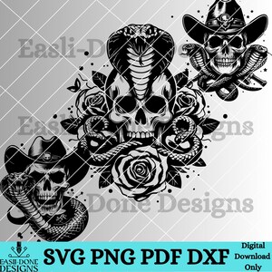Snake Skull Outline Bundle SVG PNG Pdf and Dxf Files Instant Download ...
