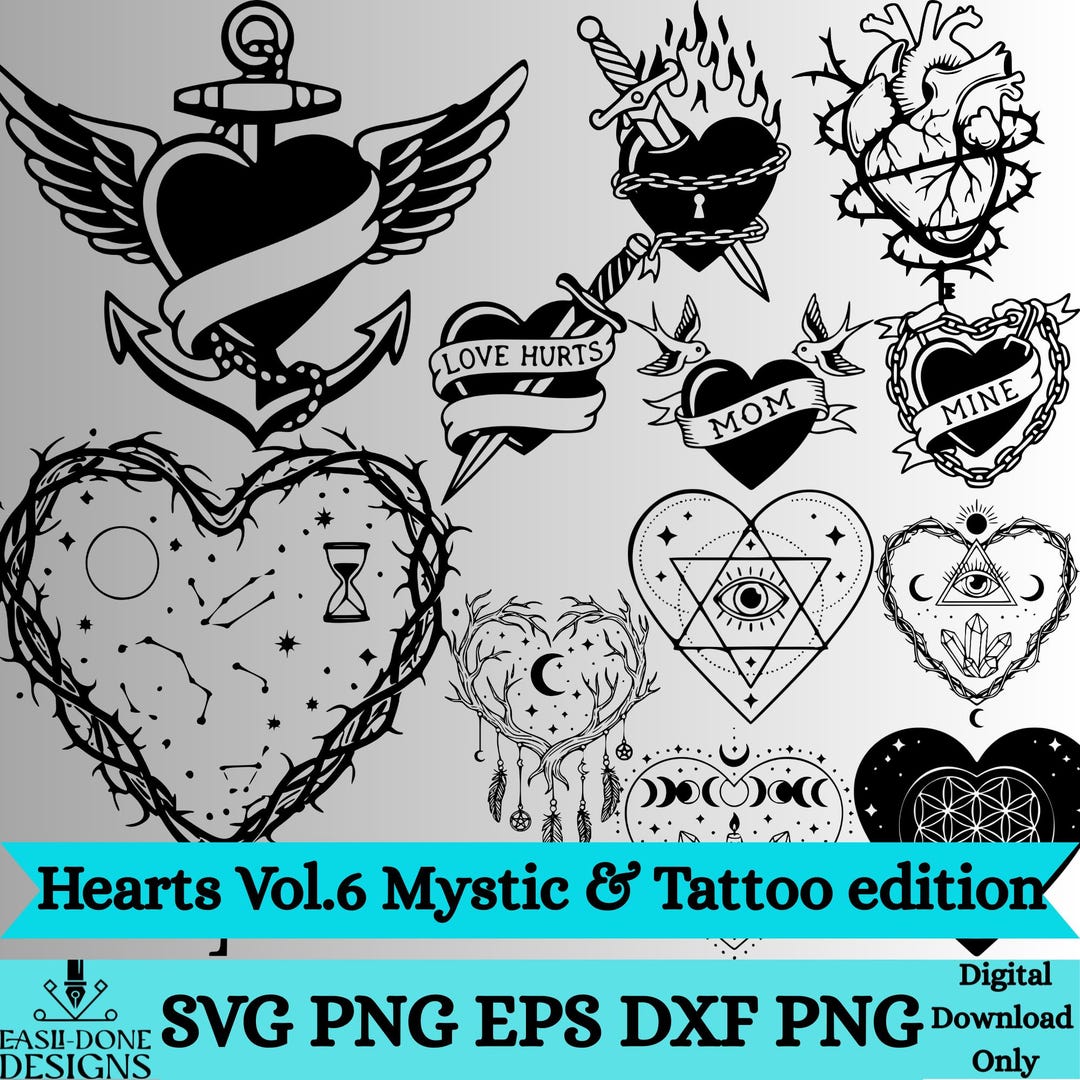 Heart SVG Bundle: Mystic Tattoo Styled Heart Clipart Designs, Old ...