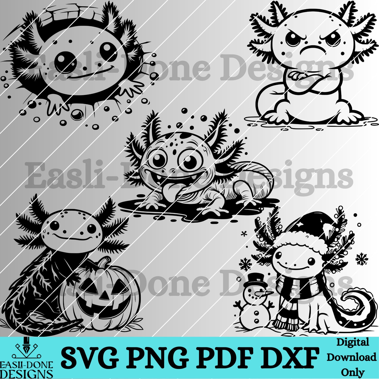 Axolotl Outline Bundle 10 Adorable SVG PNG Pdf and Dxf Files, Cute ...