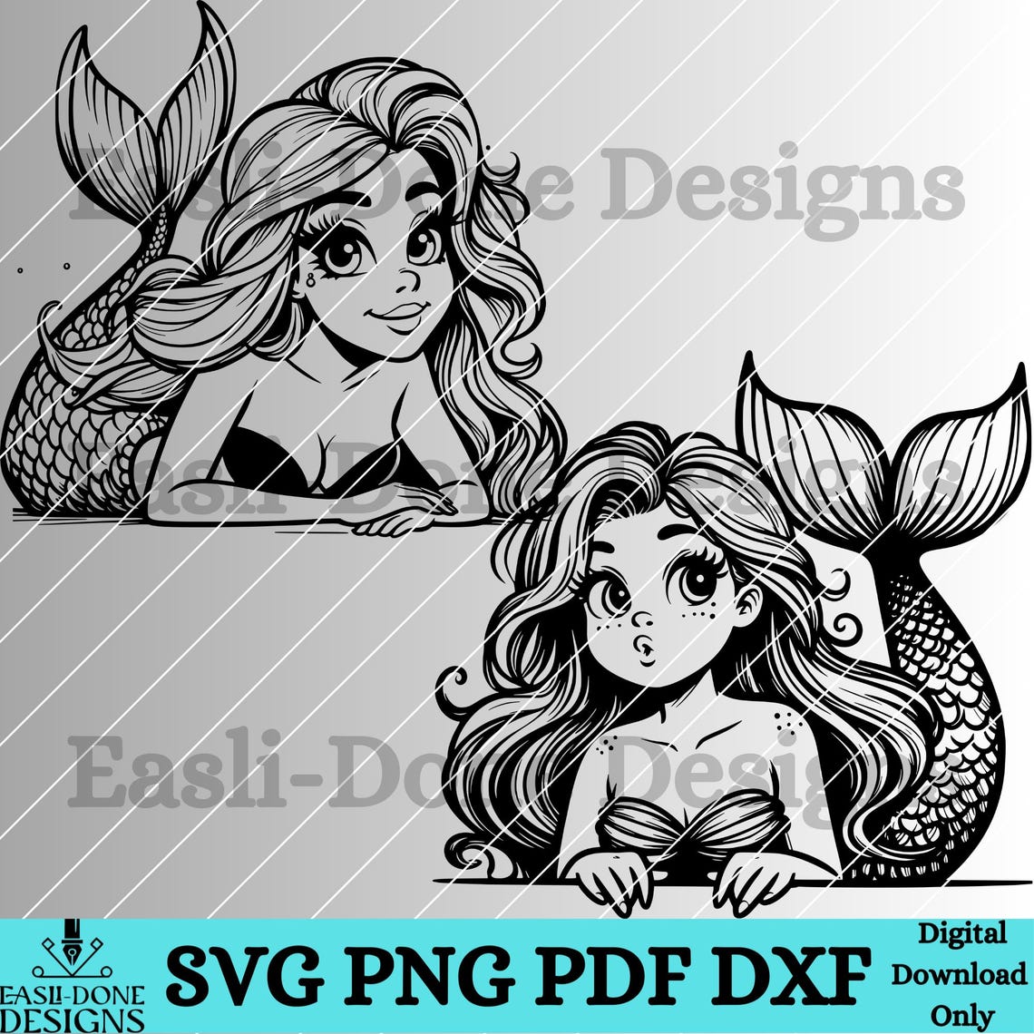 Mermaids Outline Digital File Bundle SVG PNG Pdf Dxf Files Laser and ...