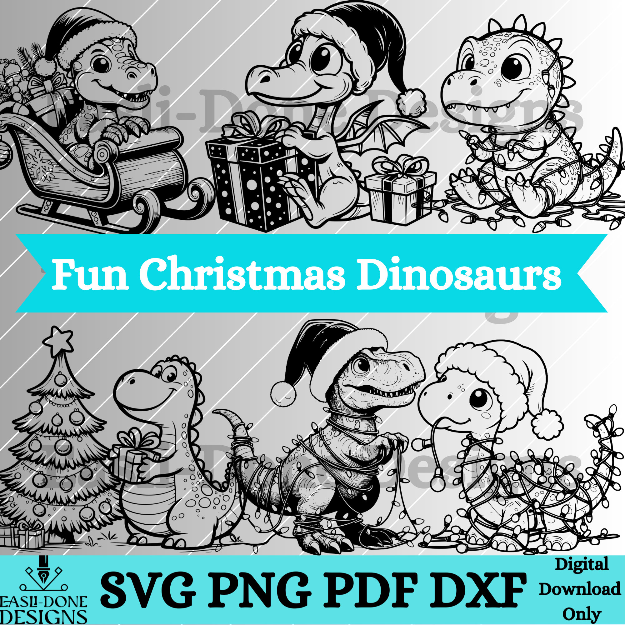 Dinosaur Christmas Bundle SVG PNG Pdf and Dxf Files, Cute Kawaii ...