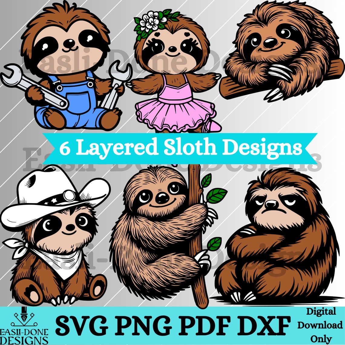 Sloth Layered Bundle 6 SVG PNG Pdf and Dxf Files Instant Download, Cute ...