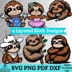 Sloth Layered Bundle 6 SVG PNG Pdf and Dxf Files Instant Download, Cute ...