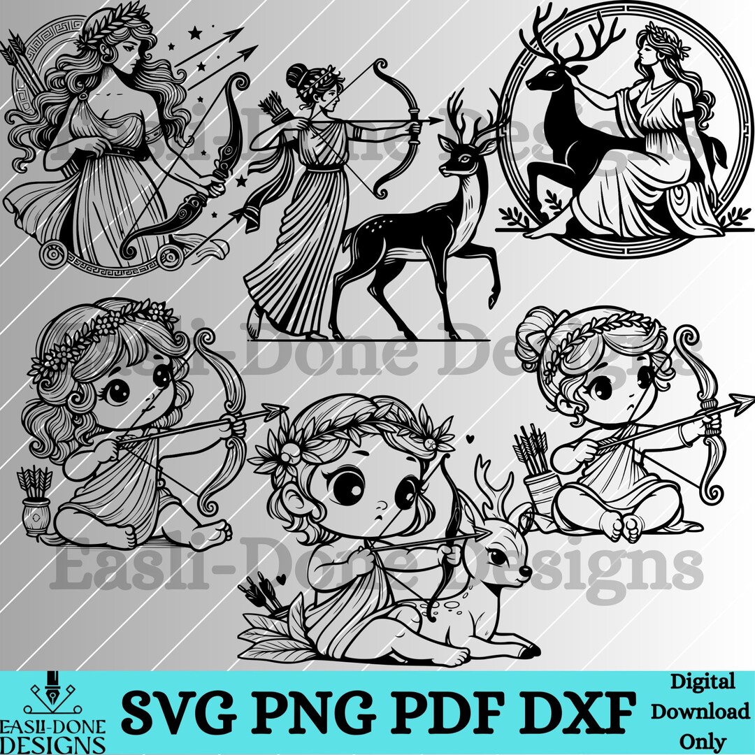 Greek Mythology Artemis Outline Bundle Baby Artemis Goddess SVG PNG Pdf ...