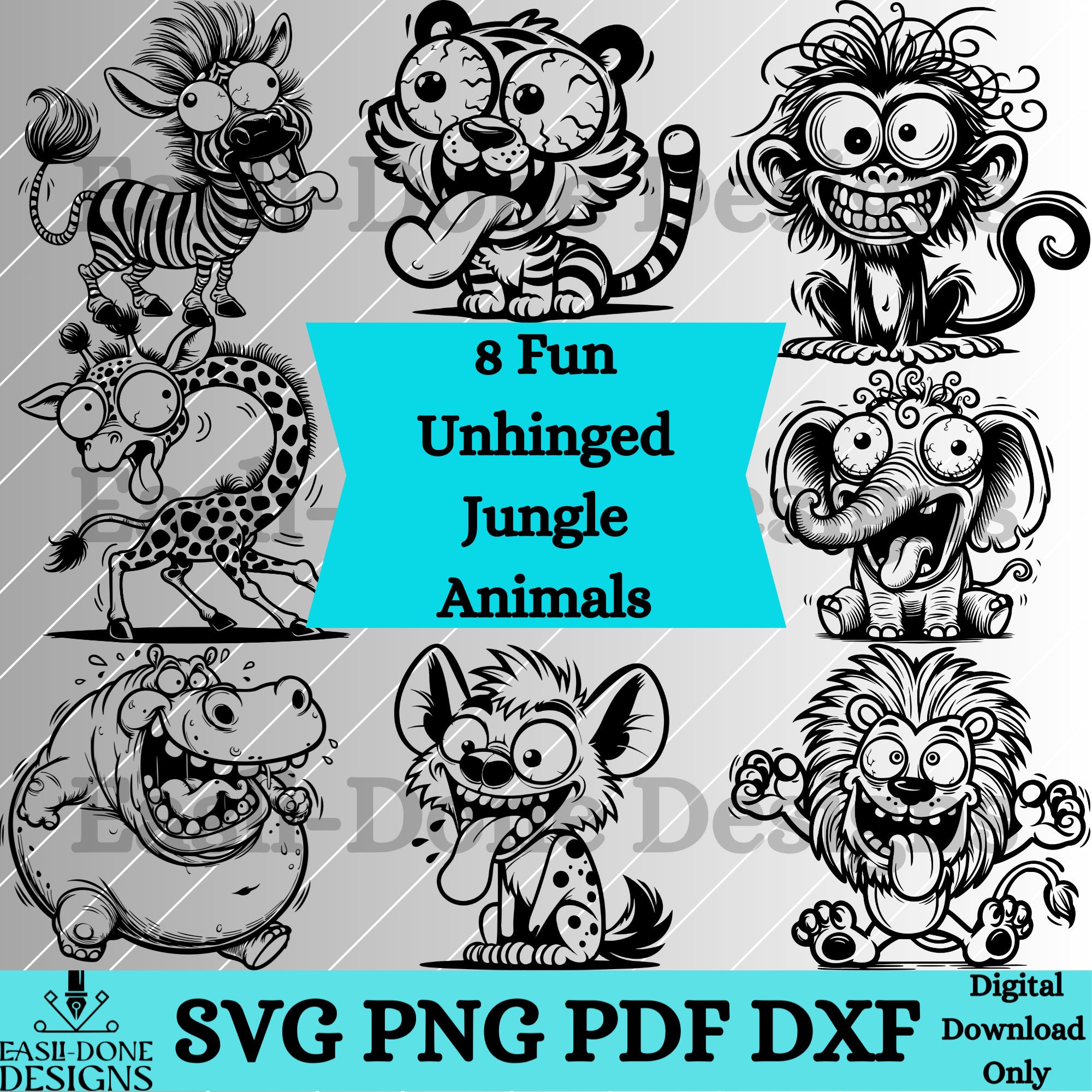 Crazy Fun Jungle Safari Unhinged Animal Outline Bundle SVG PNG Pdf and ...