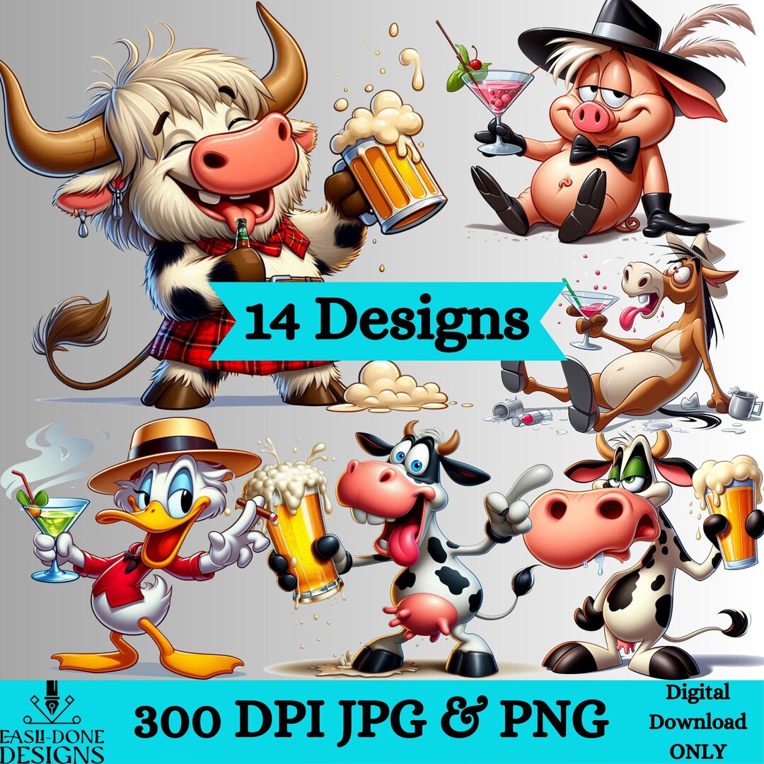 Tipsy Farm Animals PNG Bundle | Funny Drunk Animal Clipart | Cartoon ...