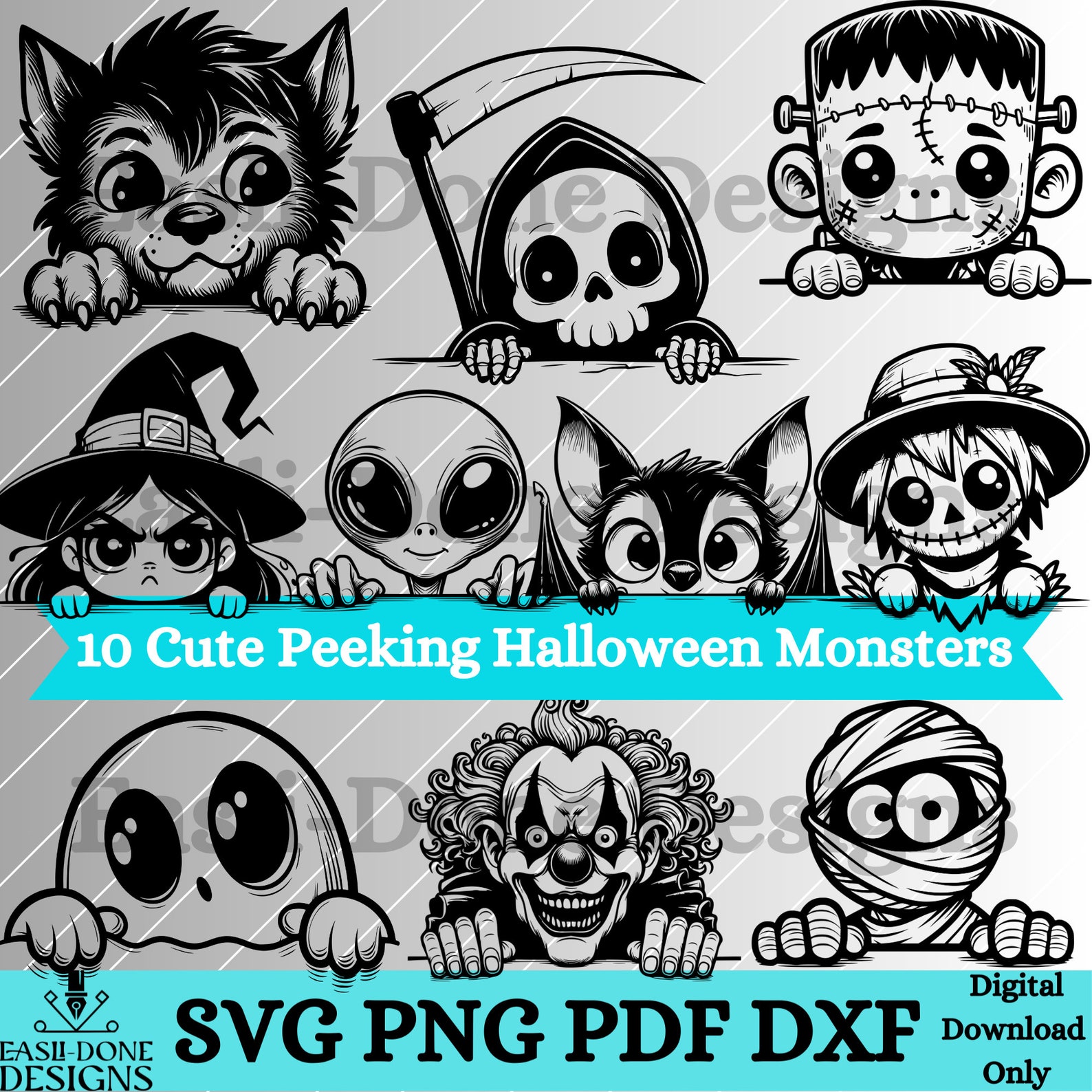 Peeking Halloween Monsters Outline Bundle SVG PNG Pdf and Dxf Files ...
