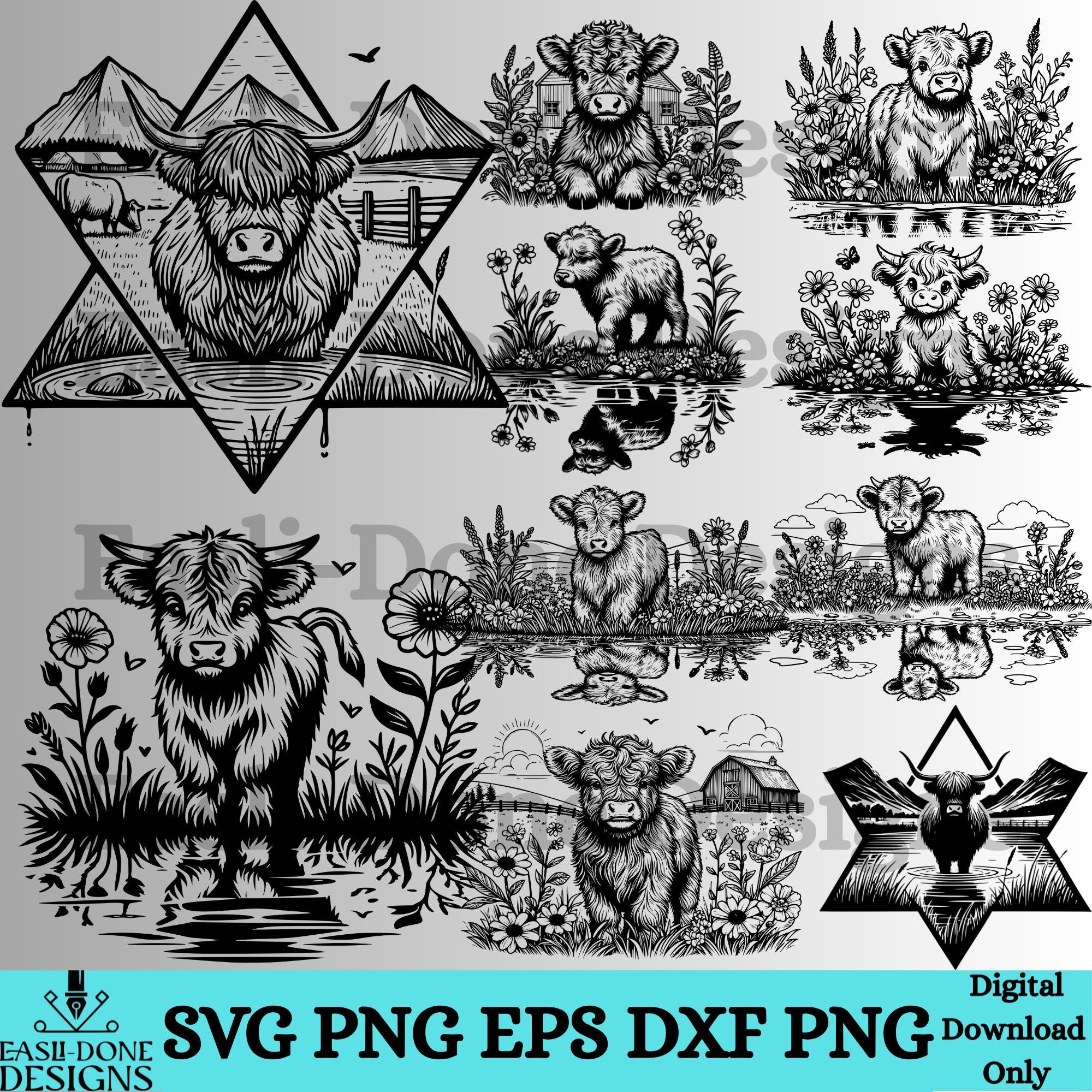 Highland Cow Cutting Board SVG Bundle: Floral Farm Animal Charcuterie ...