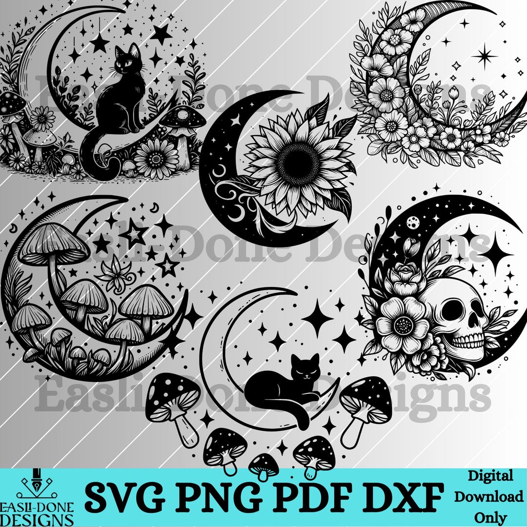 Celestial Moon SVG Bundle: Floral, Skull, Mushroom Designs (digital ...