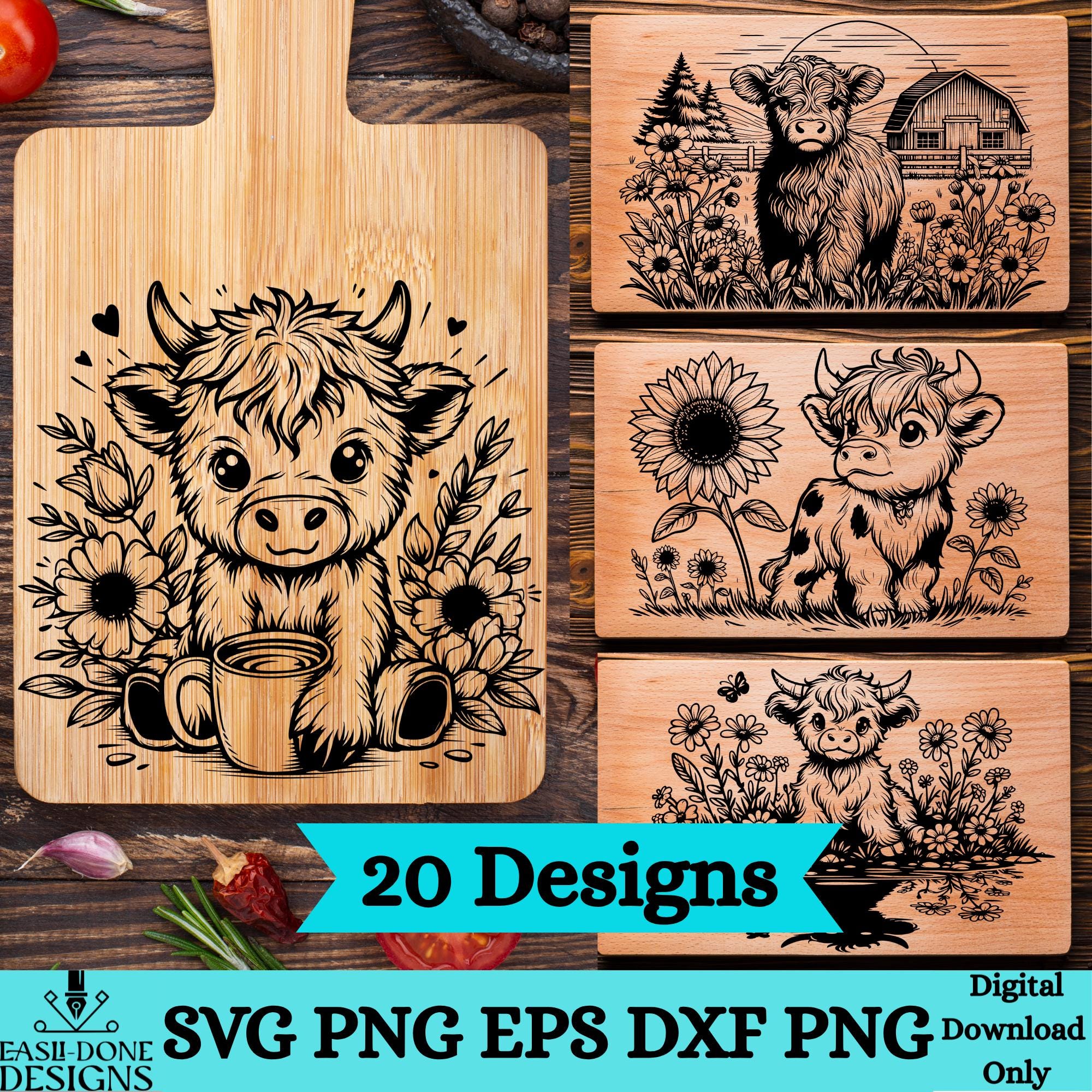 Highland Cow Cutting Board SVG Bundle: Floral Farm Animal Charcuterie ...