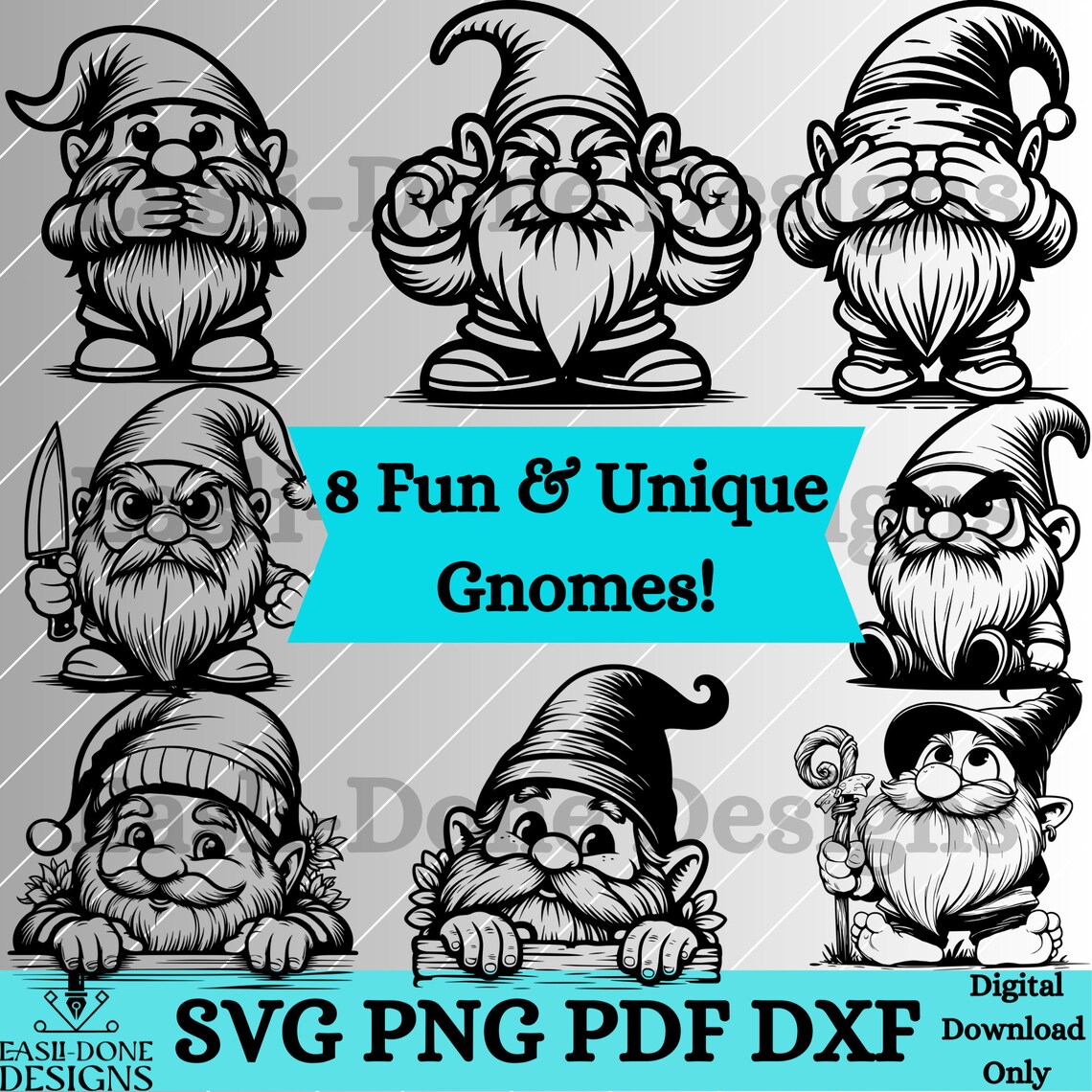 Gnomes Outline Bundle 8 Designs SVG PNG Pdf Dxf File Formats Vector ...