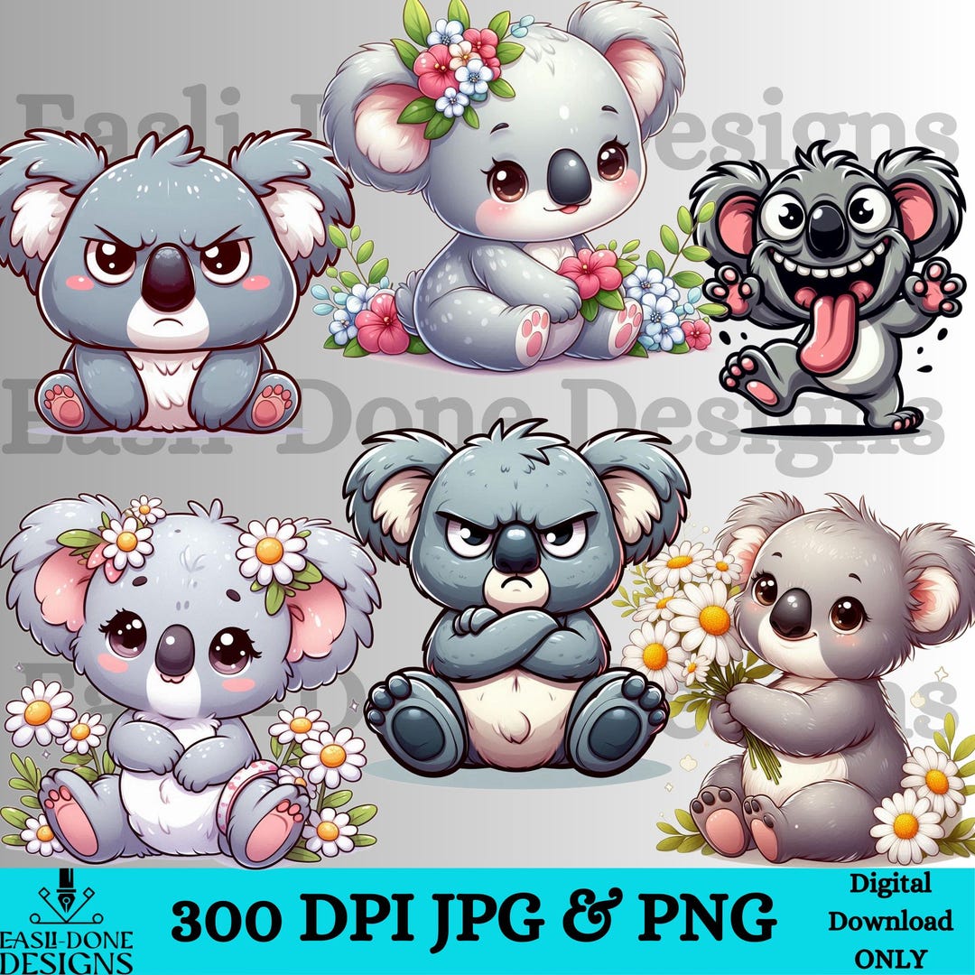 Grumpy Koala Bear Clipart: Funny Animal PNG Designs (digital Download ...