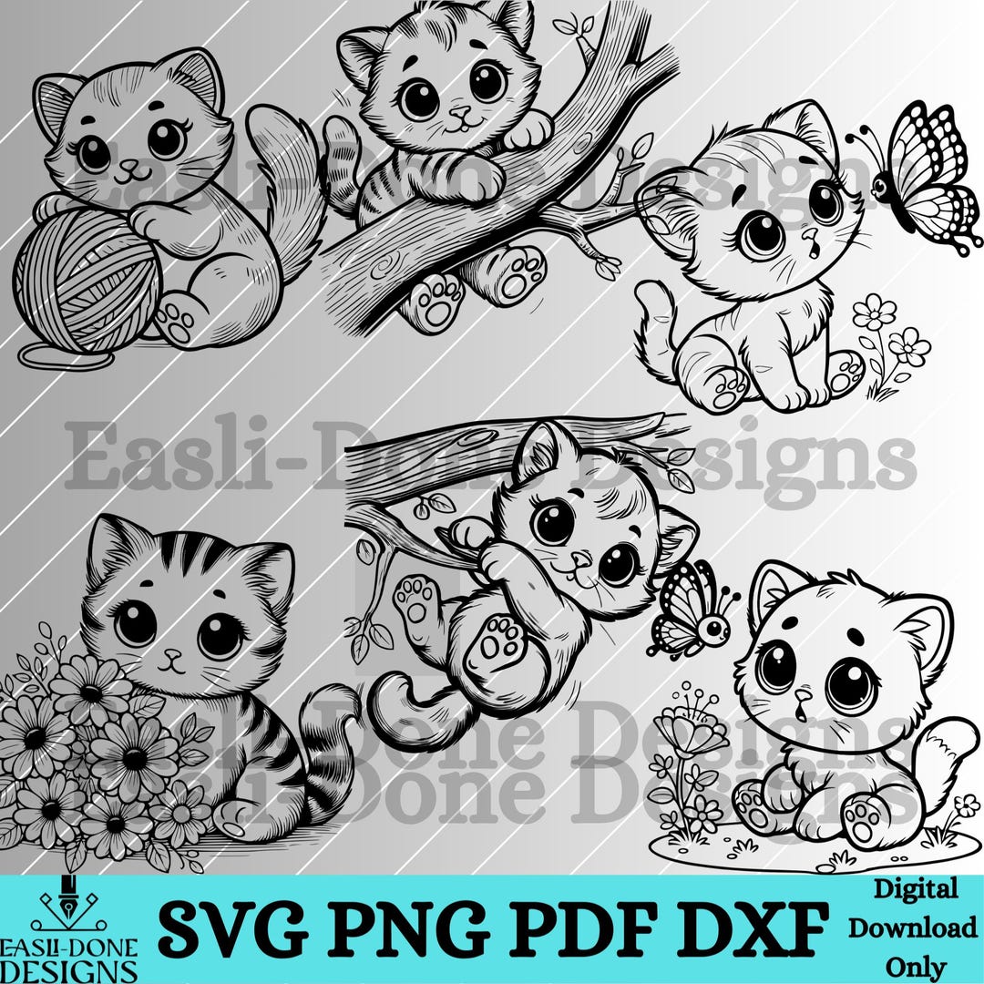 Kitten Outline SVG PNG Pdf and Dxf Files Instant Download Kawaii Cute ...