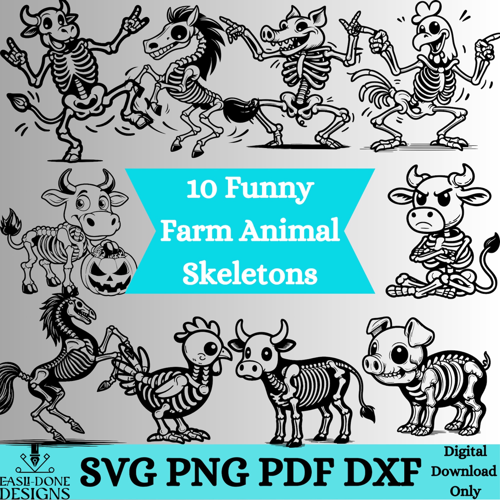 Funny Farm Animal Skeleton SVG Bundle: Halloween Clipart (digital ...