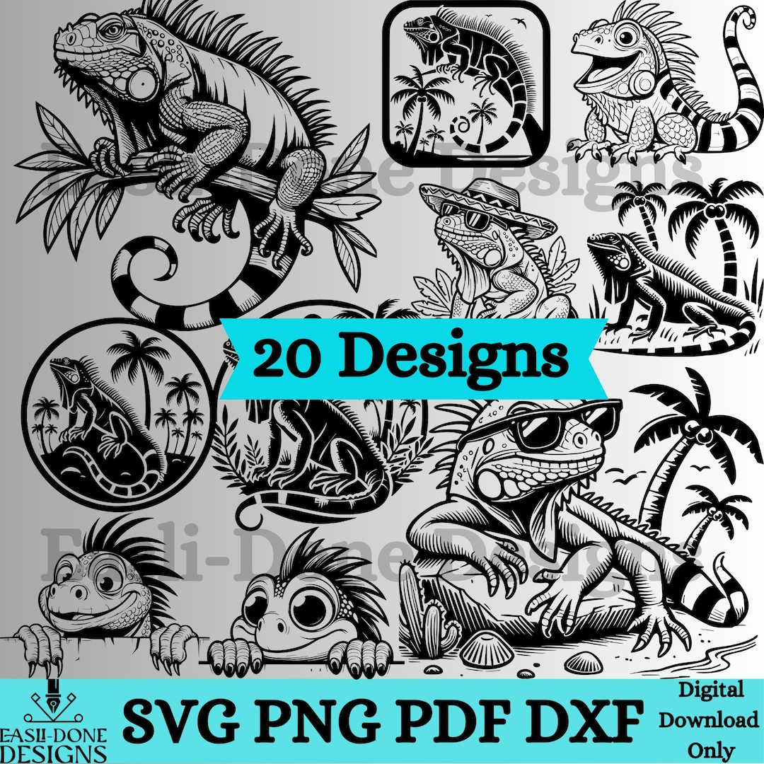 Iguana SVG PNG File Square Round Reptile Silhouette Outline Clipart ...
