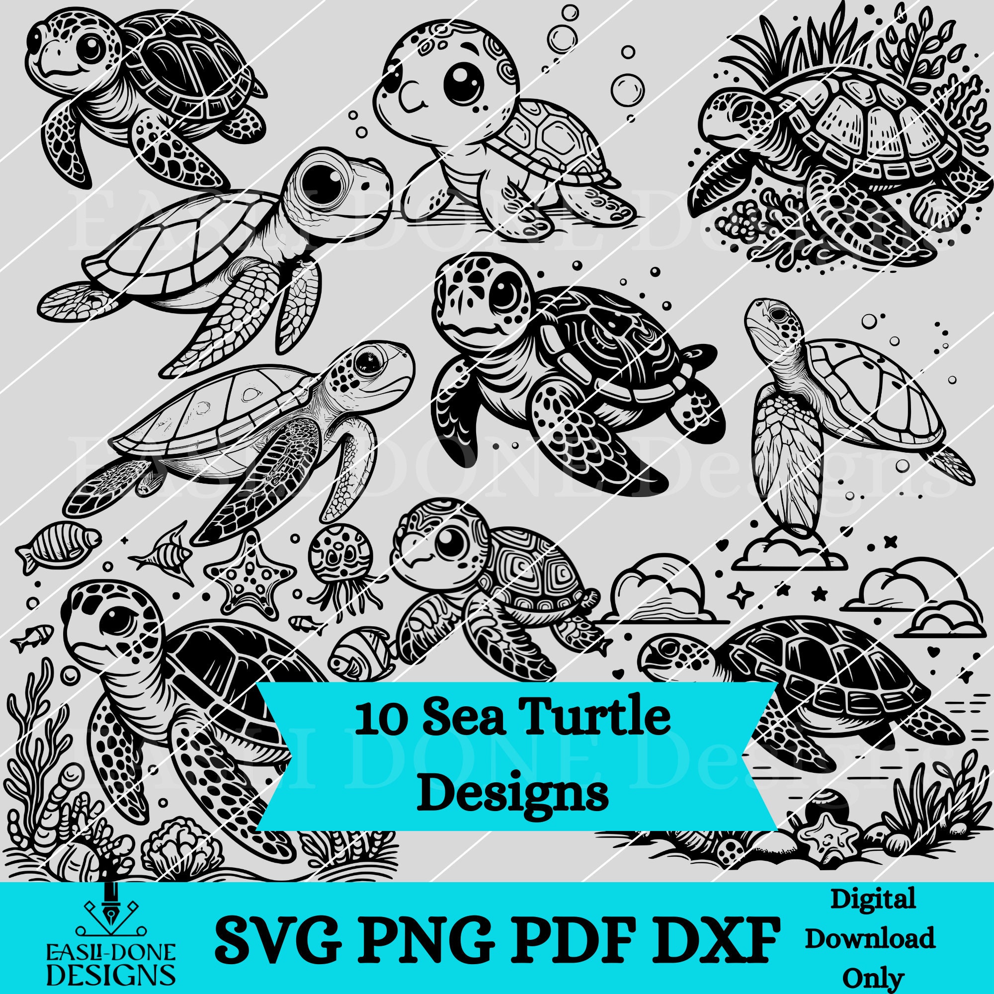Sea Turtle Outline Bundle 10 Svg Png Pdf and Dxf Files Instant Download ...