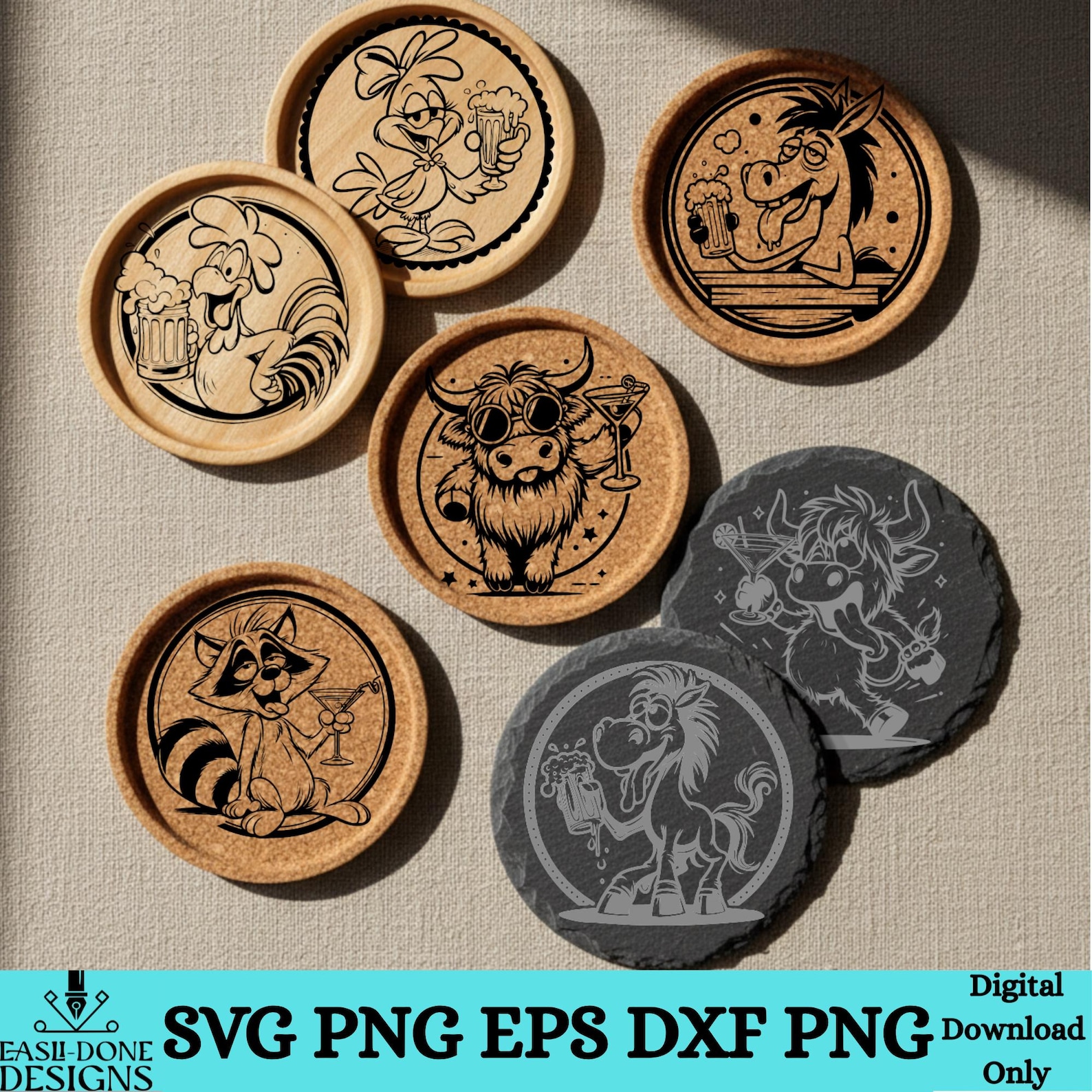 Funny Tipsy Farm Animal Coaster SVG Bundle: Round Barnyard Bar Sign ...
