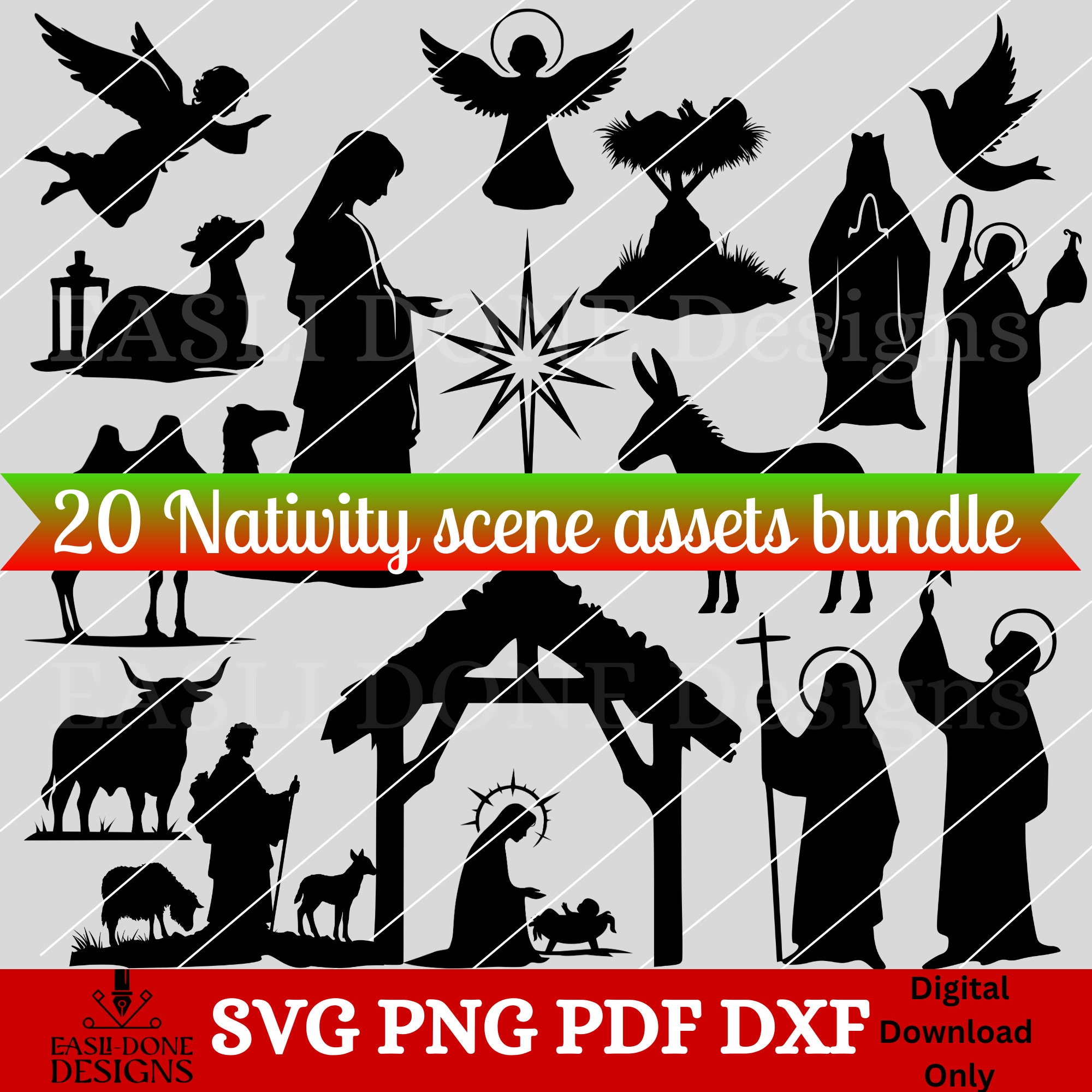 Christmas Nativity Scene SVG and PNG Bundle 20 Silhouette Assets for ...