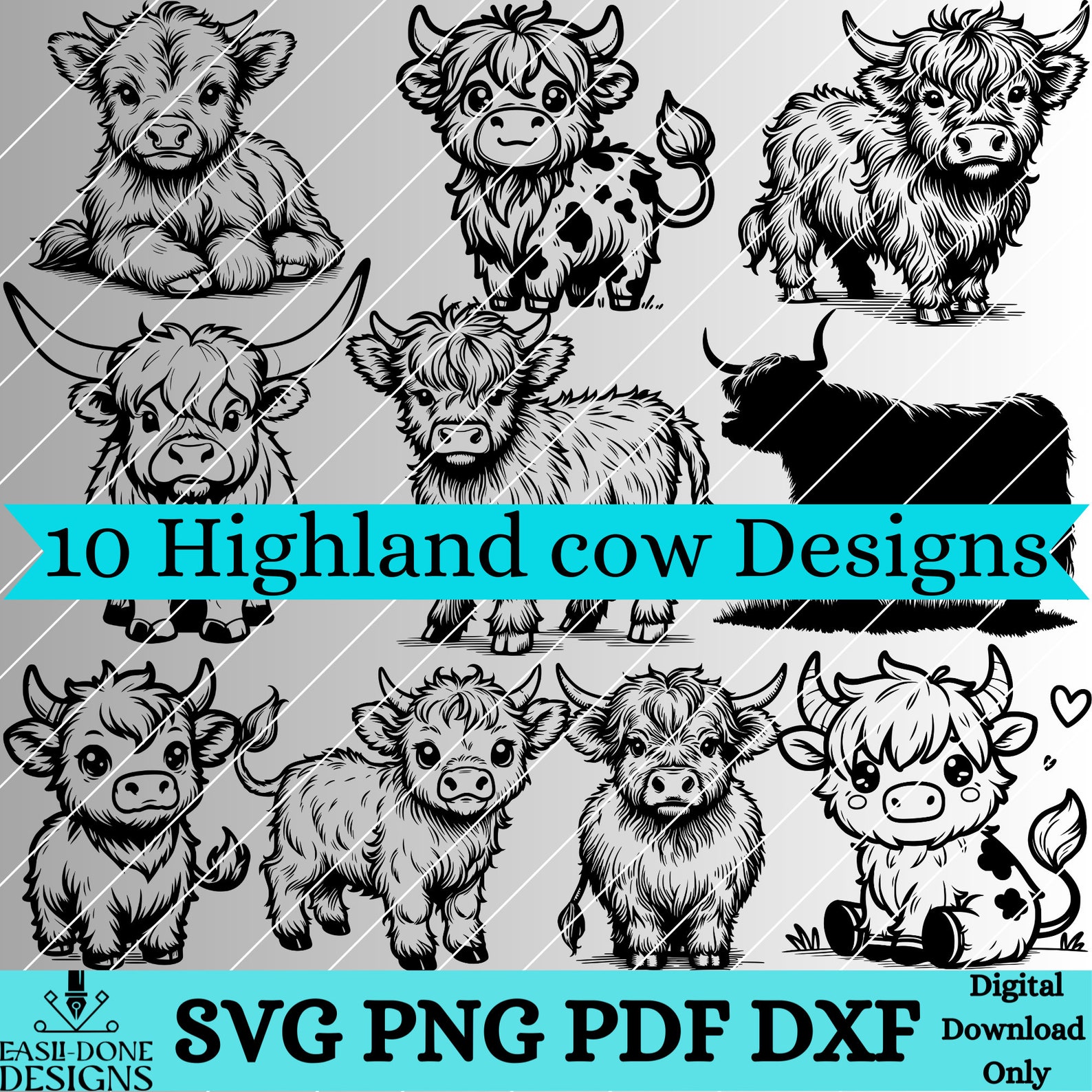 Highland Cow Outline Bundle - 10 Svg Png Pdf and Dxf Files Instant ...