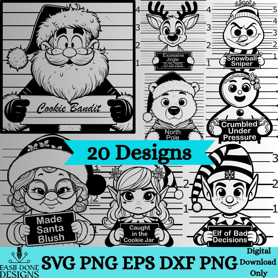 Christmas Mugshot Character SVG Bundle: Jailhouse Santa, Reindeer and ...
